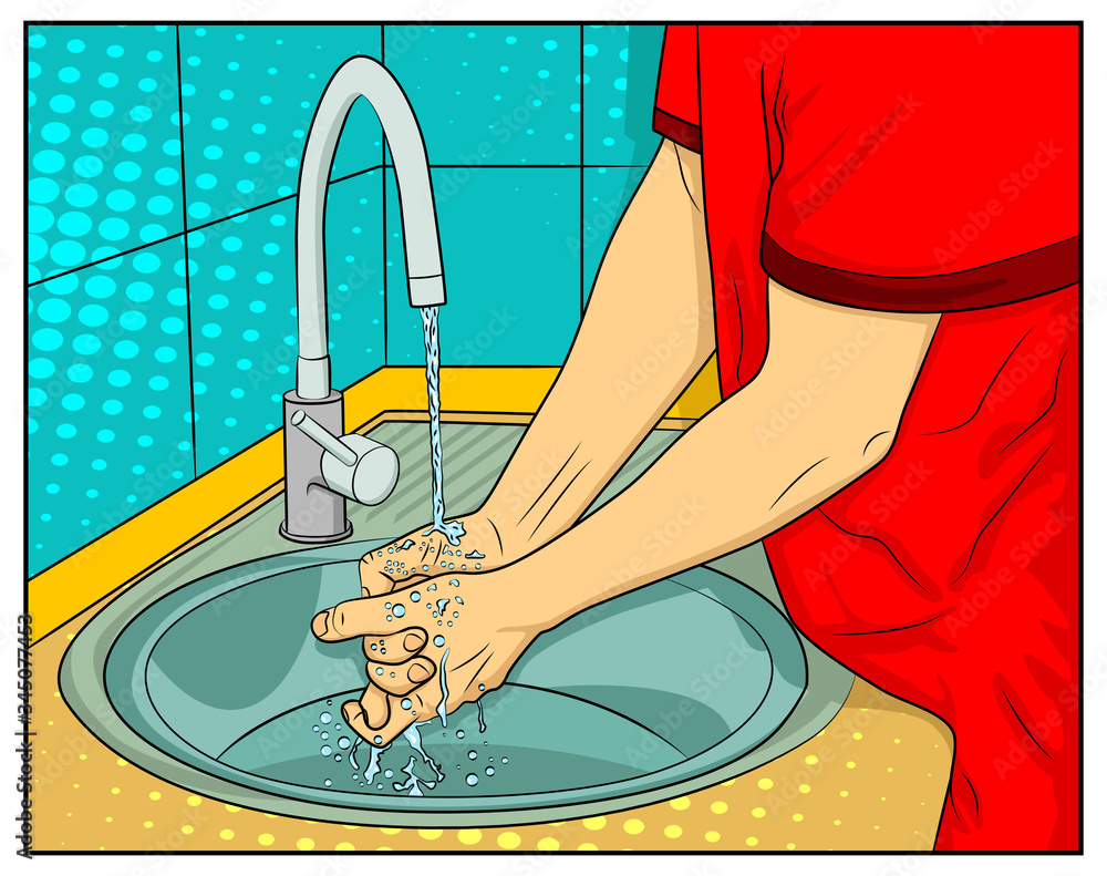Pop Art man disinfecting his hands by washing it with water - comic ...
