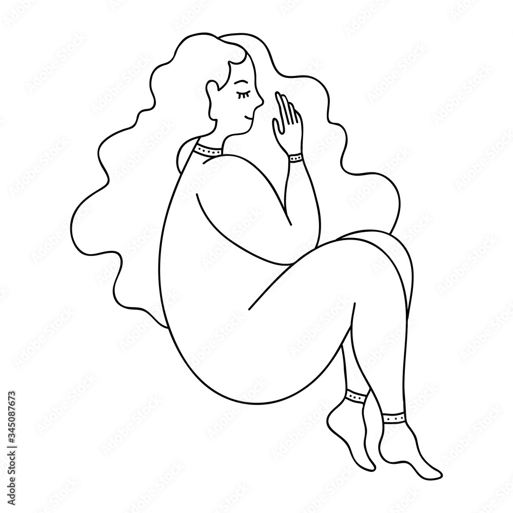 The girl sleeps on her side curled up. Vector illustration in a linear ...