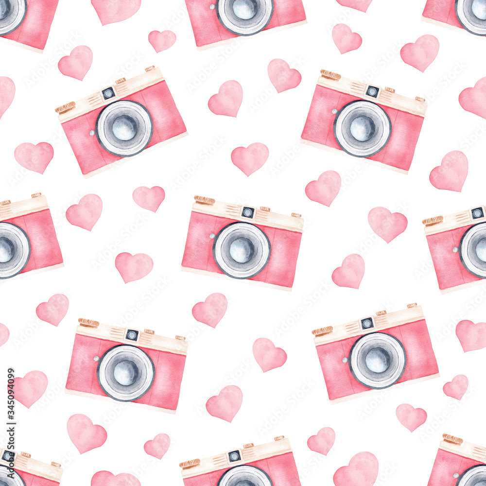 Vintage pastel color retro cameras and hearts watercolor clipart ...