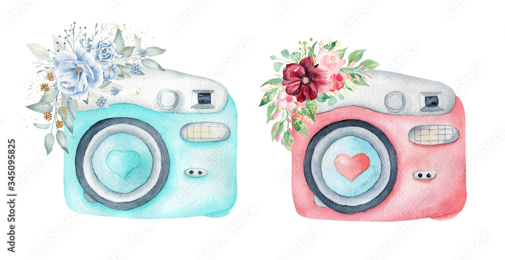 Watercolor photo cameras and floral arrangements. Hand drawn pastel ...