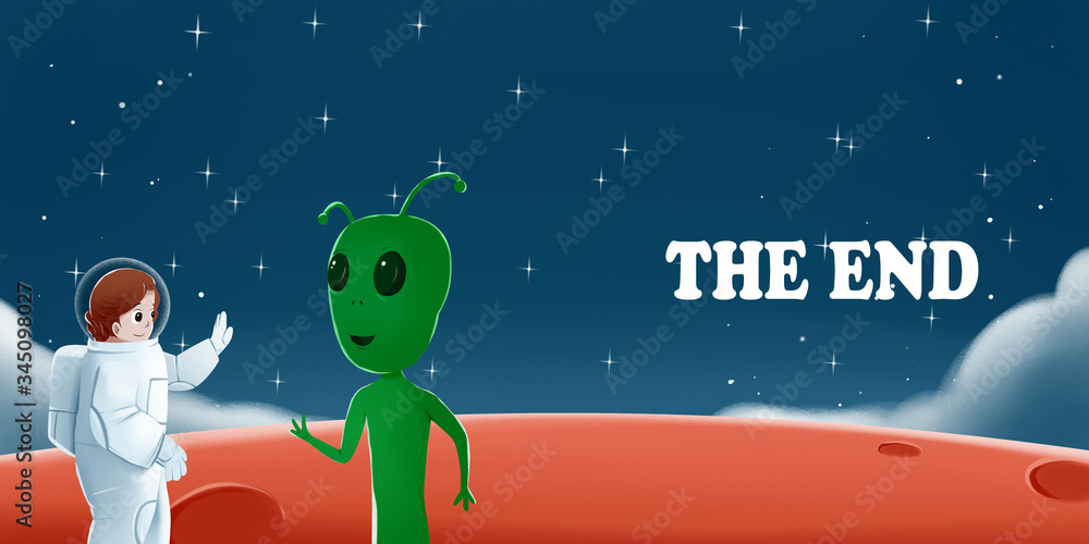 illustration of aliens and an astronaut meet at the planet with a ...