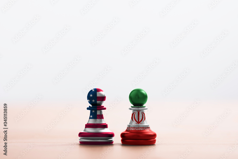 USA flag and Iran flag print screen on pawn chess with soft light ...