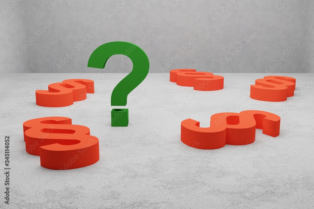 red question mark in a room, red paragraphs laying on the ground ...