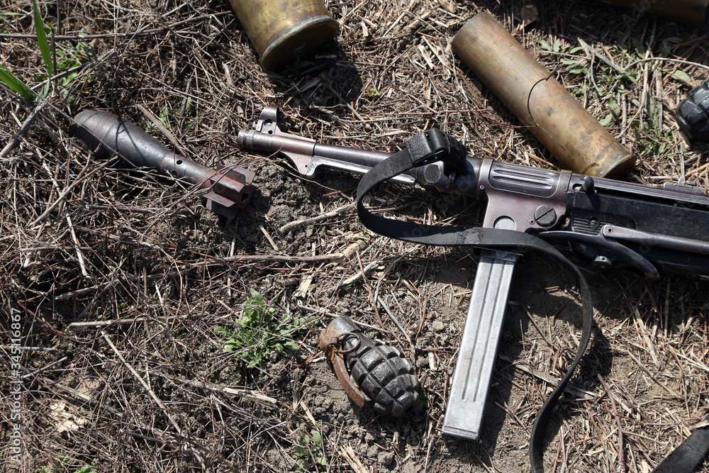 composition of the battlefield of shells and grenades of World War II ...