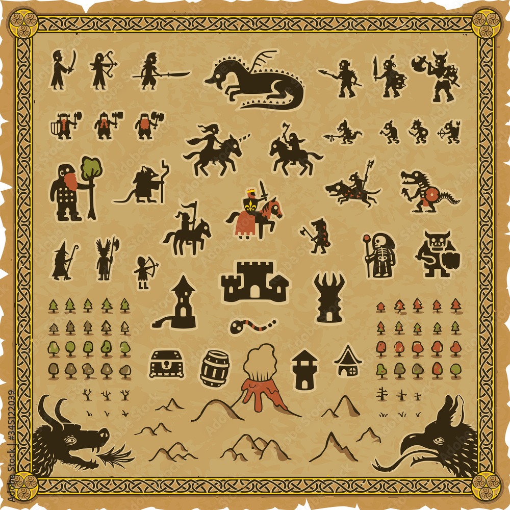 RPG map elements set that includes a frame, various medieval fantasy ...