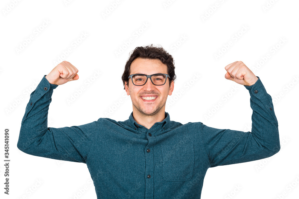 Confident businessman flexing muscles imagine superpower. Nerd guy ...