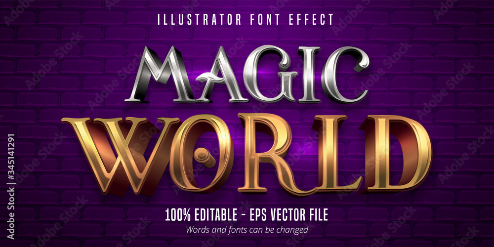 Magic World text, 3d gold and silver metallic style editable font ...