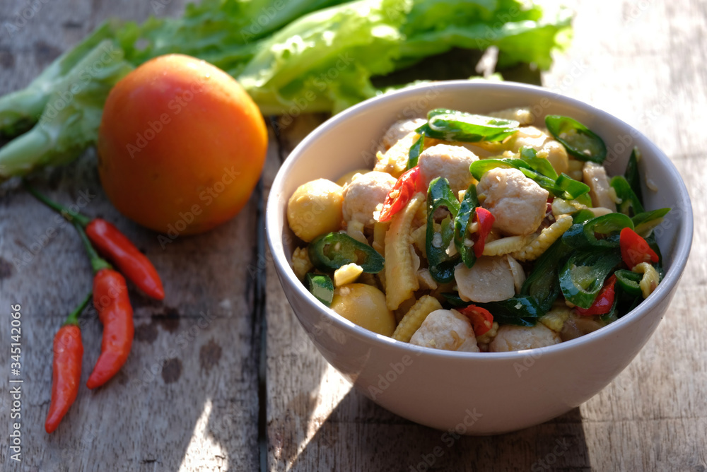 baby corn stir fry with meatballs, also known as tumis jagung muda ...