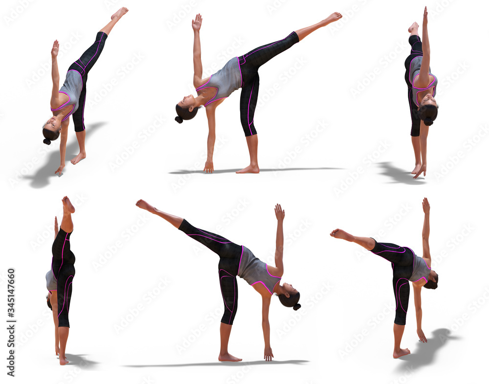 Virtual Woman in Yoga Half Moon Pose with 6 angles of view Stock ...