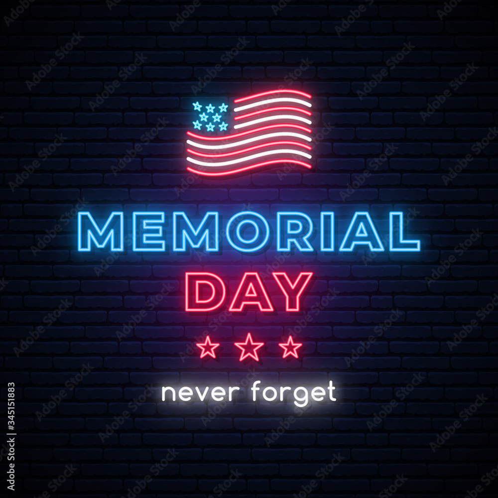 Happy Memorial Day vector banner. Neon Memorial Day sign. American flag ...