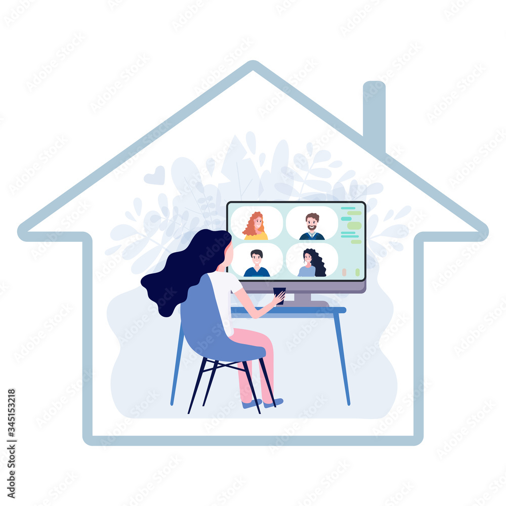 Woman having online meeting with friends or clients via group call on ...