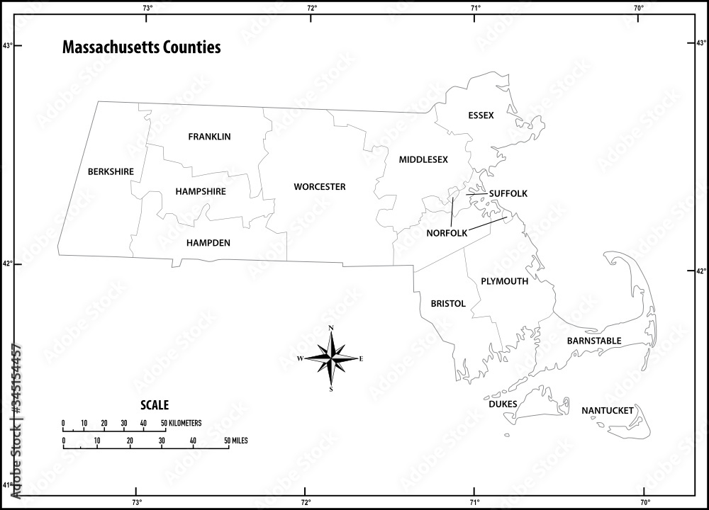 massachusetts state outline administrative and political vector map in ...