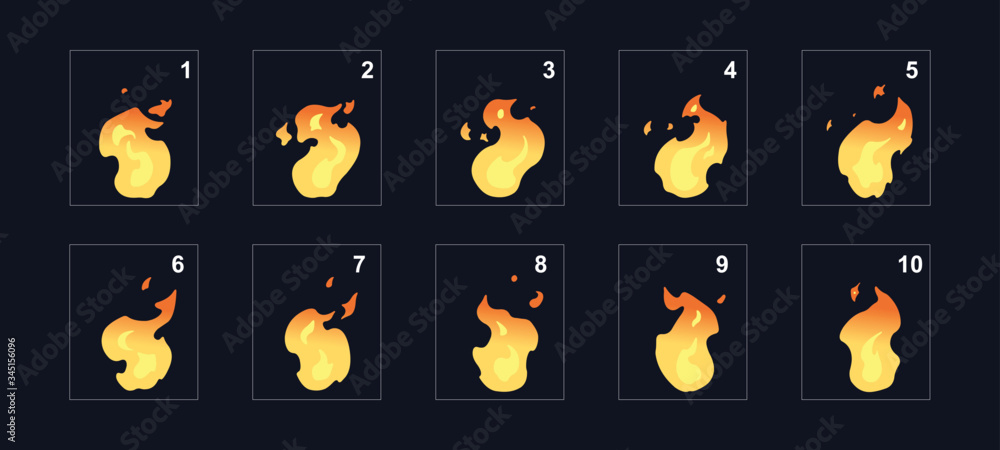 Fire animation sprites, vector flame video frames for animation, game ...