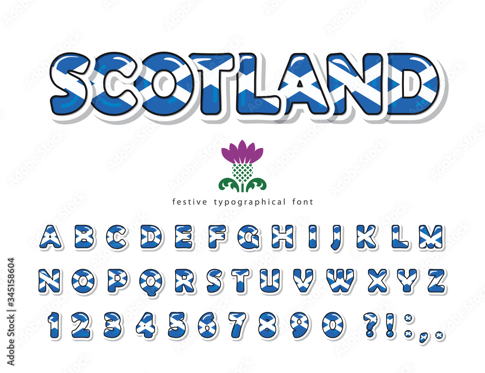 Scotland font. Scottish national flag colors. Paper cutout glossy ABC ...