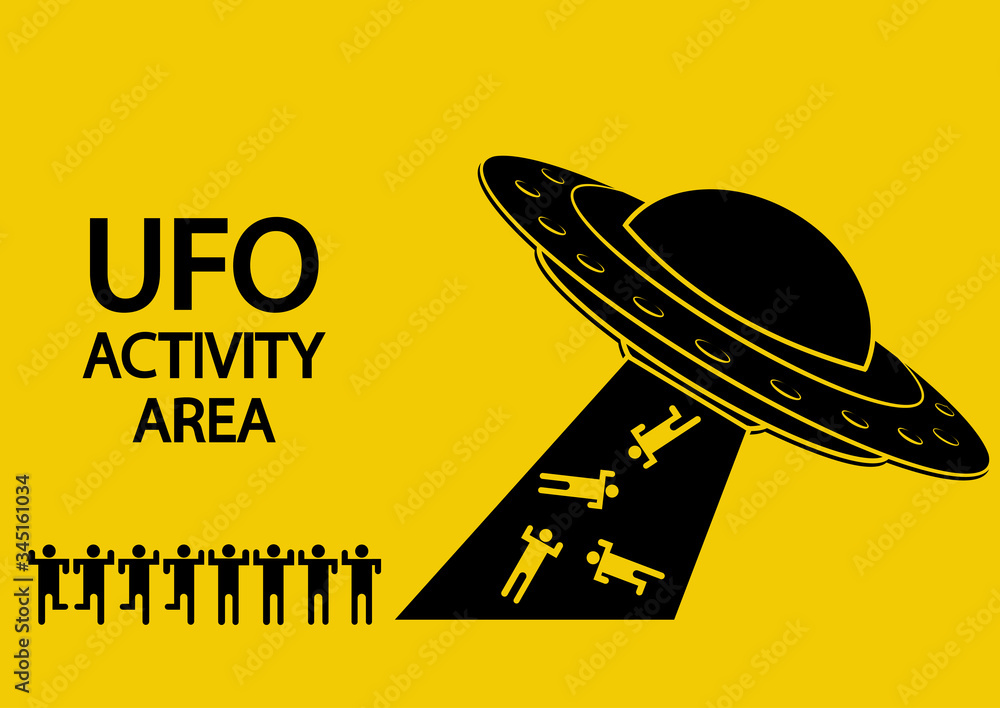 UFO activity area. Flying spaceship in black color. UFO abducts humans ...