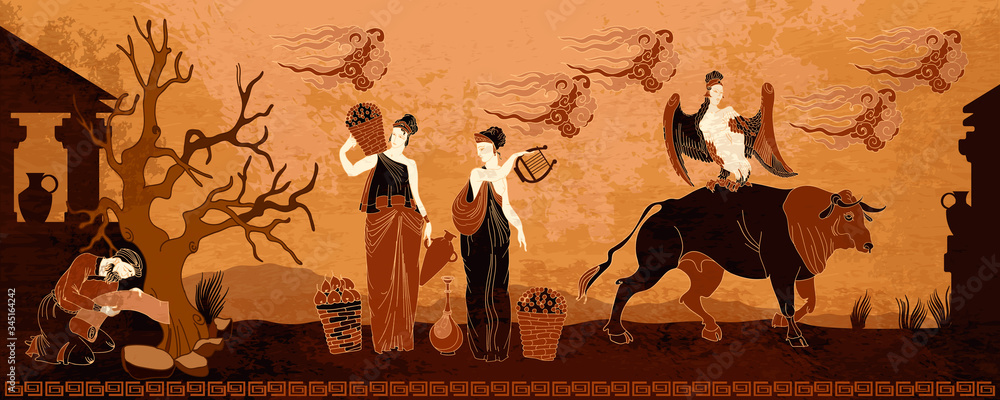 Old history and culture. Ancient Greece. Goddesses and people. Black ...