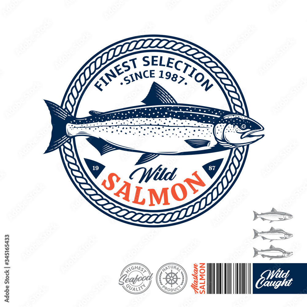 Vector wild caught salmon logo. Atlantic, sockeye and pink salmon ...