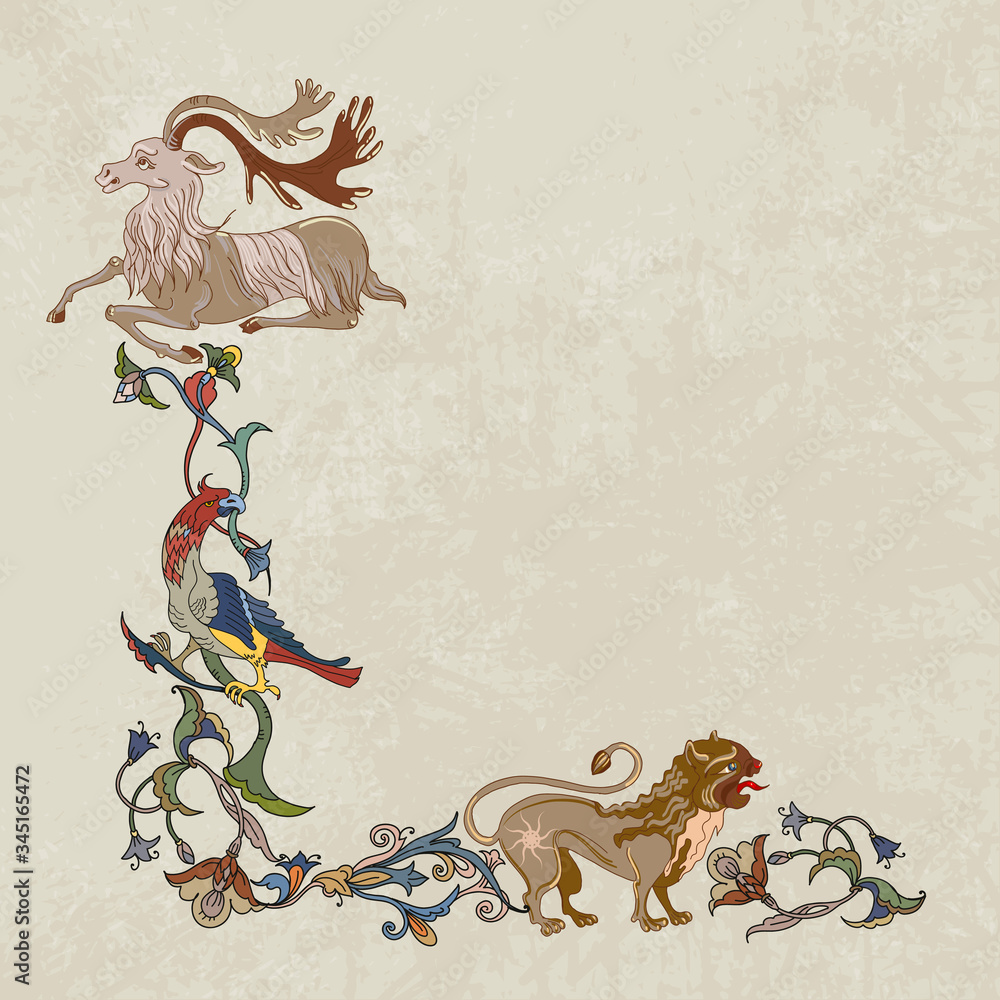 Medieval vintage frame. Mythical creatures of the Renaissance era ...