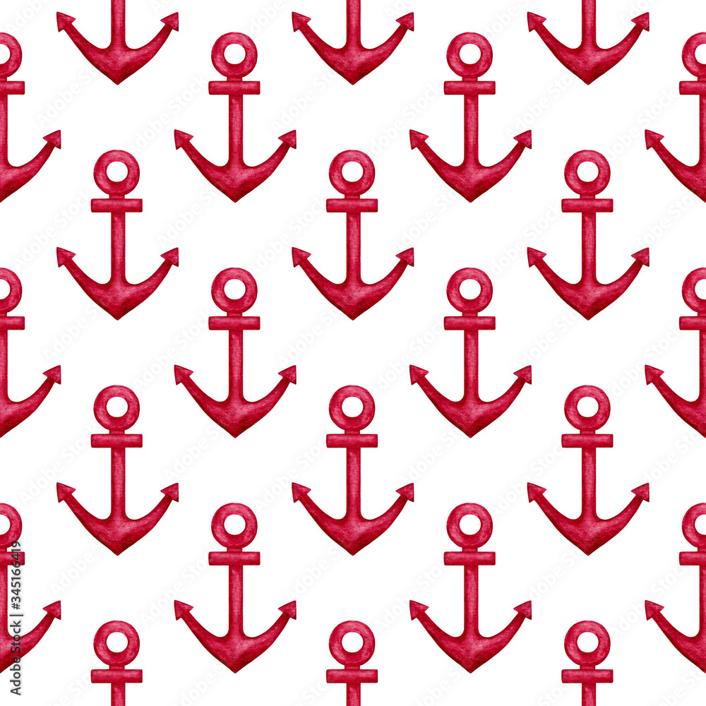 Seamless pattern with watercolor red anchor. Hand drawn nautical ...