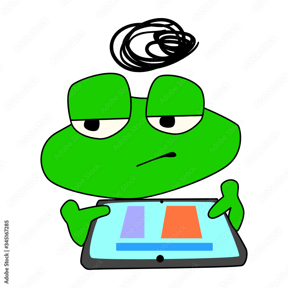 Vector bored frog on a white background. Cartoon toad with a tablet ...