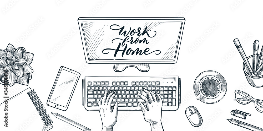 Human hands typing on keyboard, vector sketch top view illustration ...