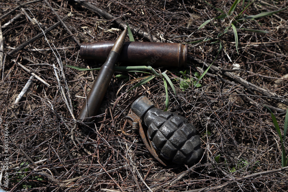 composition of the battlefield of shells and grenades of World War II ...
