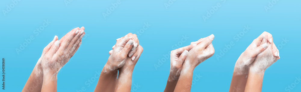 Millennial girl showing steps of effective handwashing on blue ...