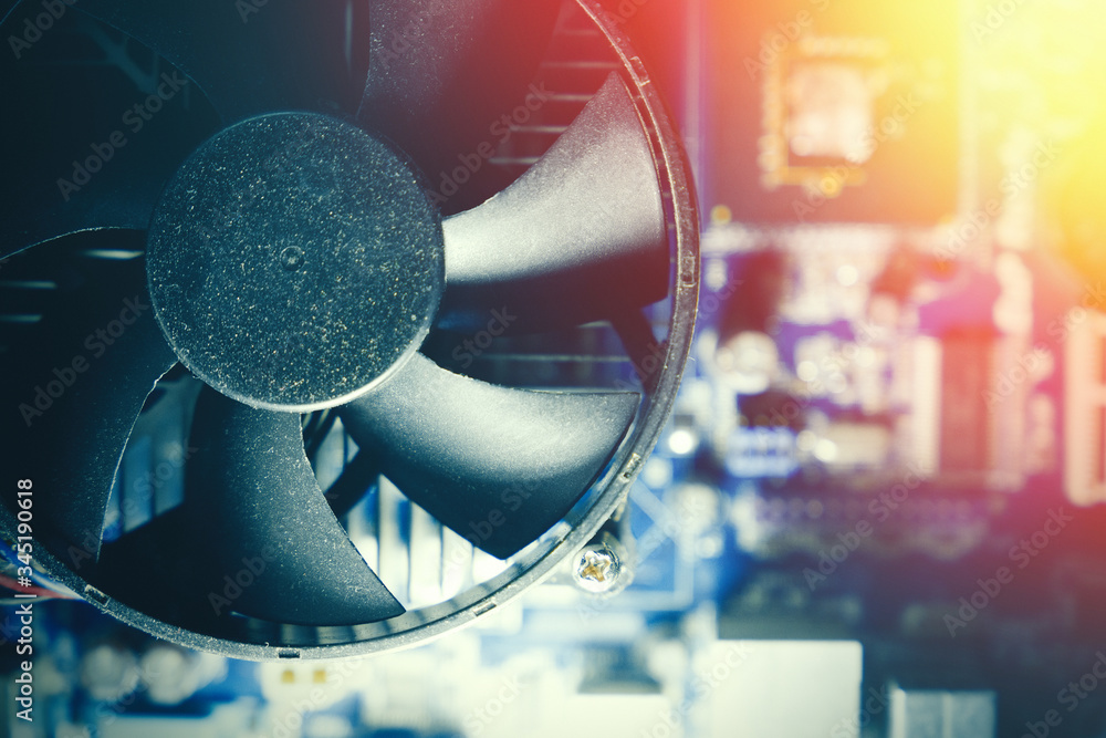 CPU cooler of processor on motherboard. Computer circuit board and CPU ...