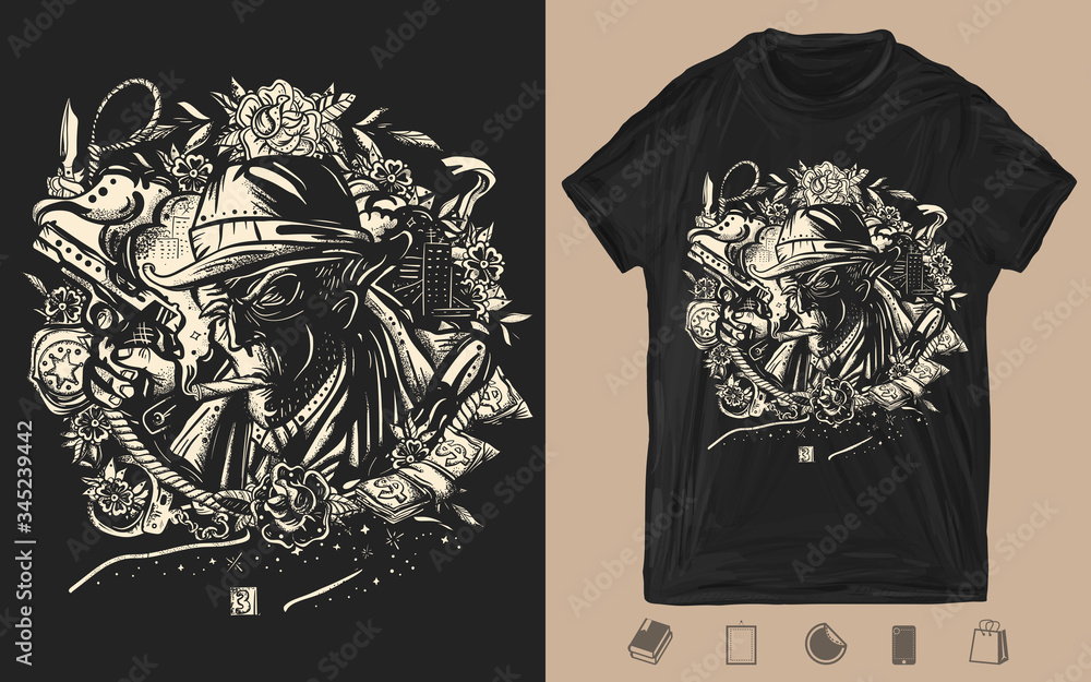 Noir detective. Retro gangster. Crime boss. One color creative print ...