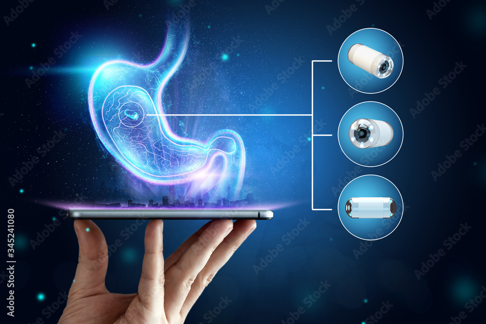 Doctor against the background of a hologram of the stomach, A camera ...