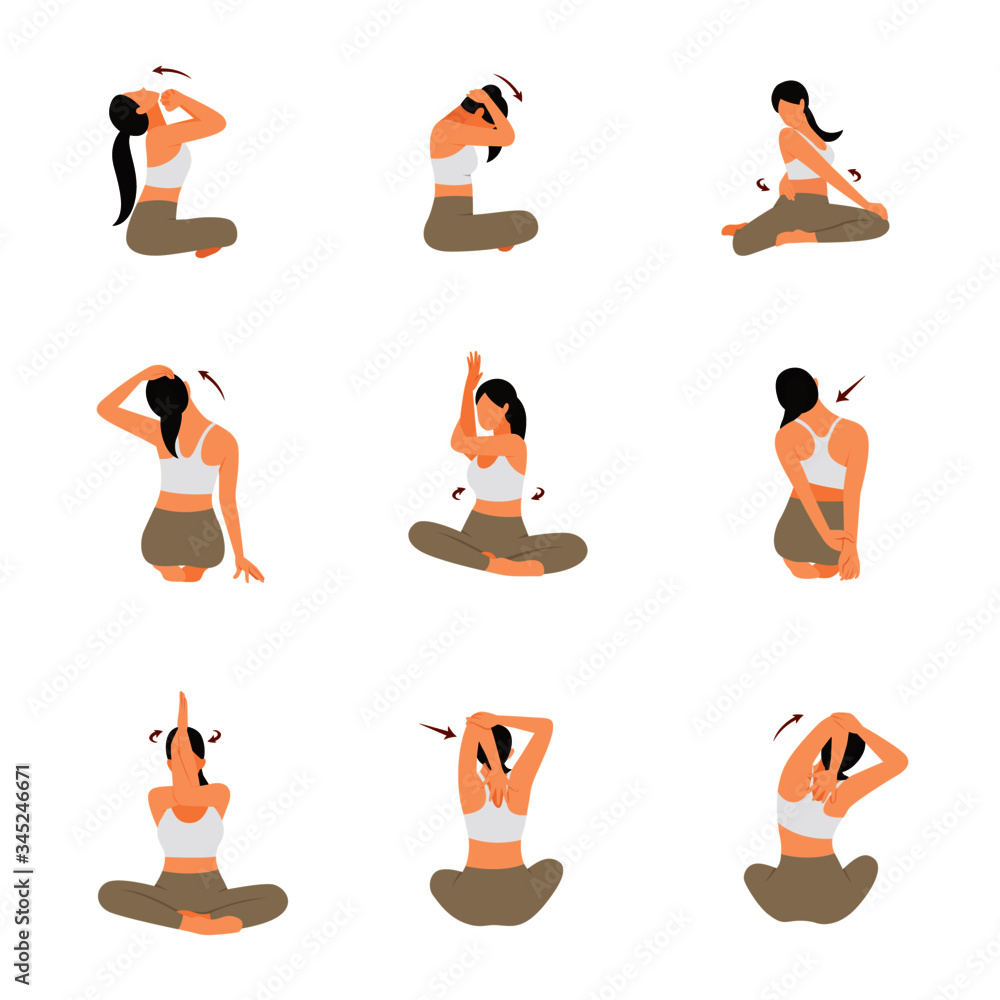 woman yoga pose for arm neck and shoulder stretching flat cartoon ...
