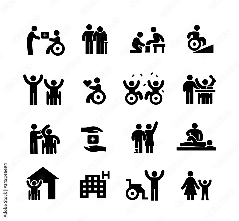 disability people care activities icon set, simple black flat style ...