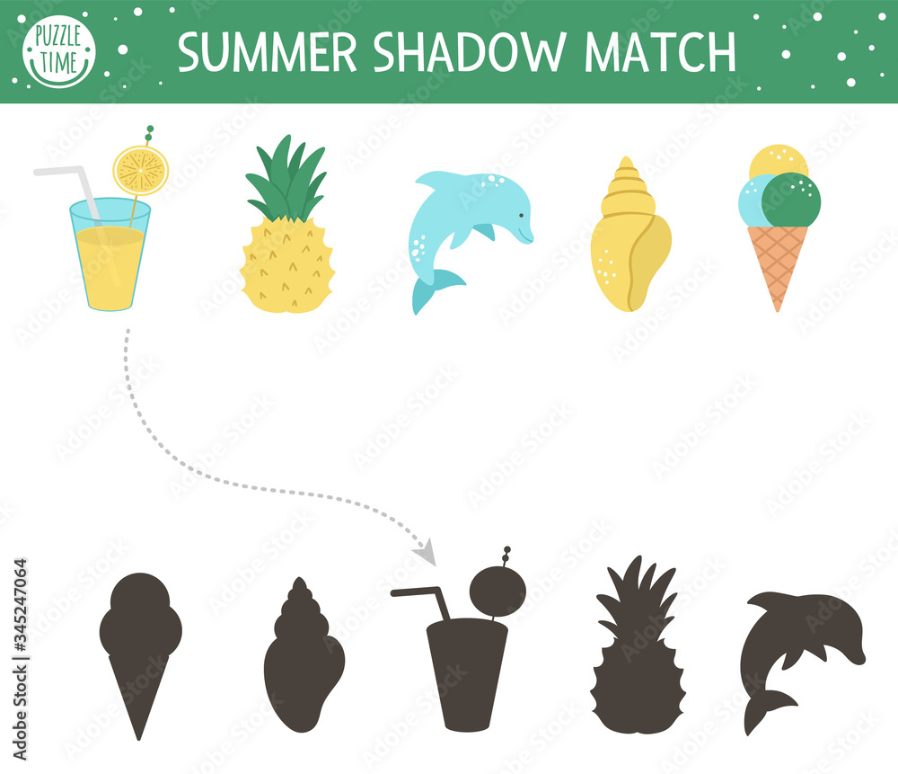 Summer shadow matching activity for children. Preschool sea vacation ...