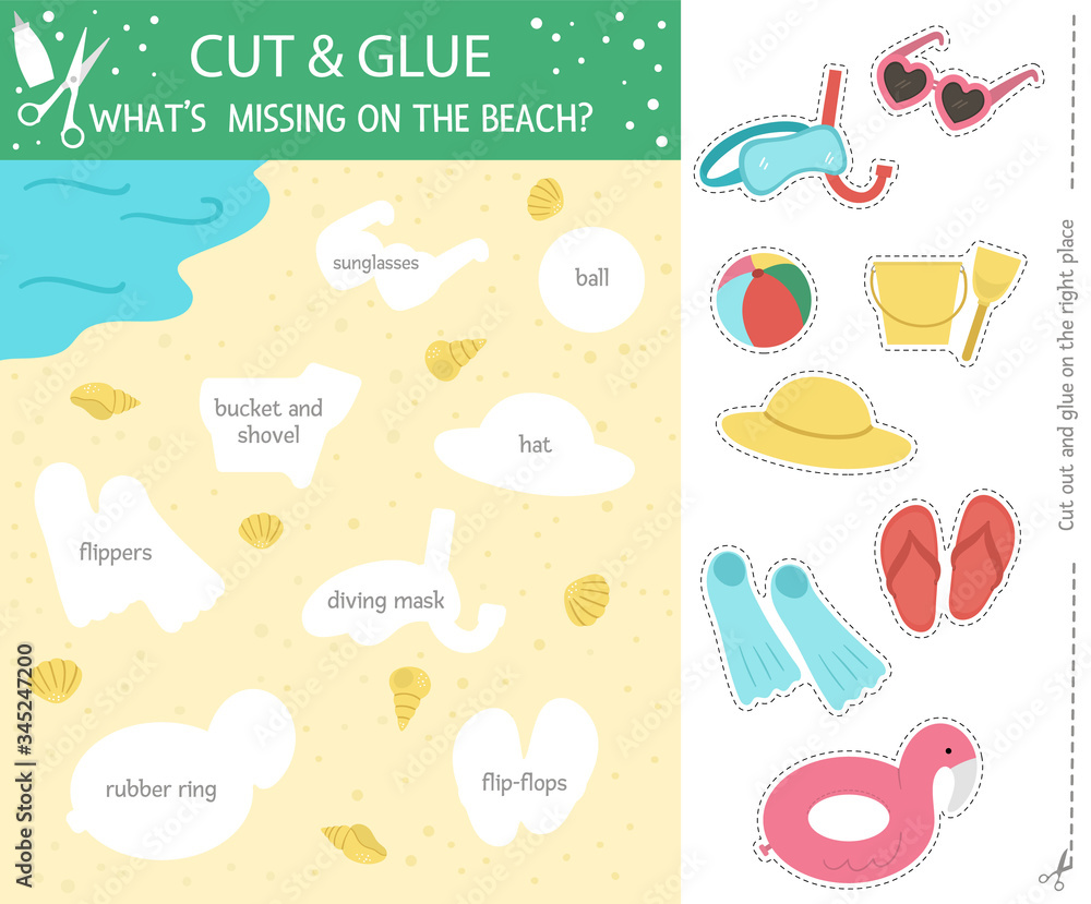 Vector cut and glue activity with beach objects. Summer educational ...
