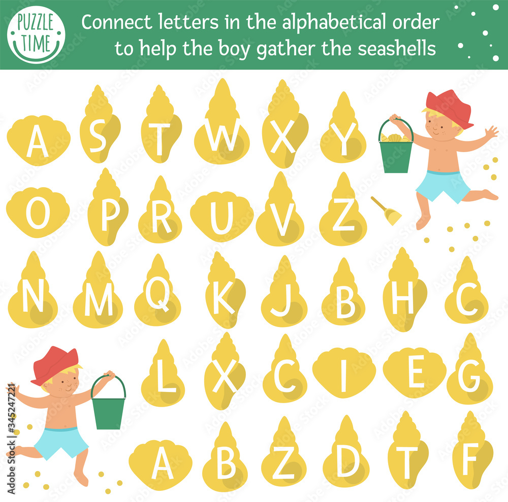 Summer ABC game with cute characters. Sea vacation alphabet maze ...