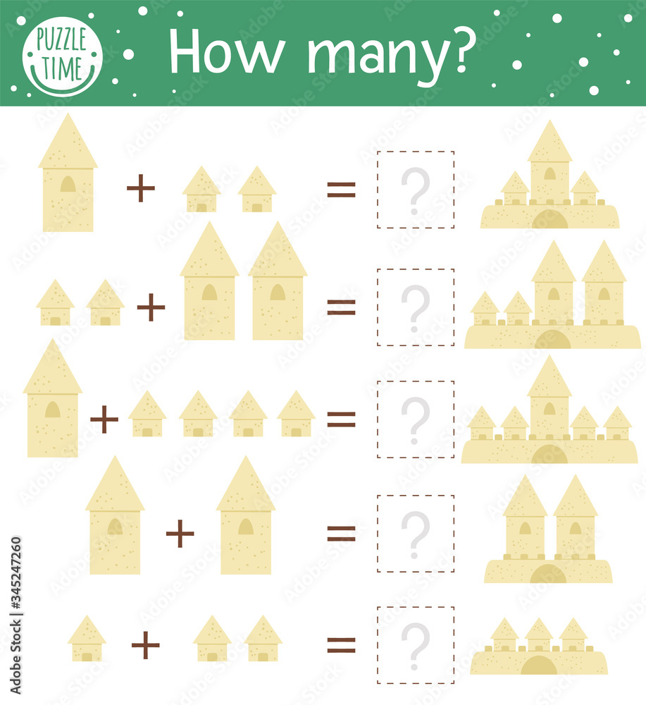Math game with sandcastles. Summer mathematic activity for preschool ...