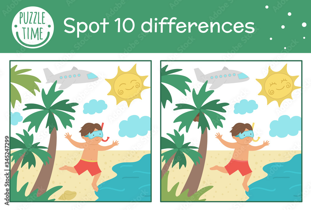 Summer find differences game for children. Beach holiday preschool ...