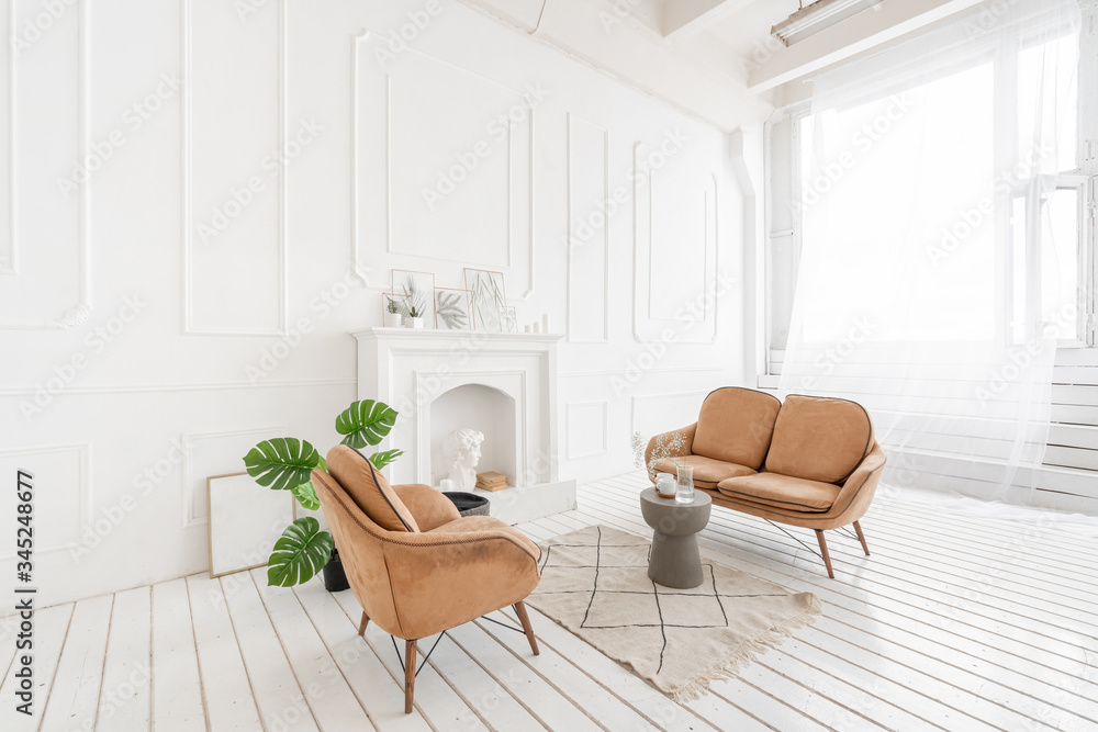 Stay home. Morning in light interior in mansion . Bright and clean ...