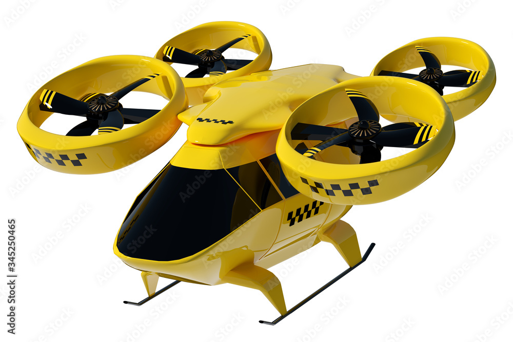 Yellow flying taxi isolated on white background, city electric ...