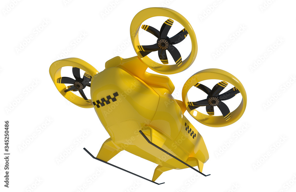 Yellow flying taxi isolated on white background, city electric ...