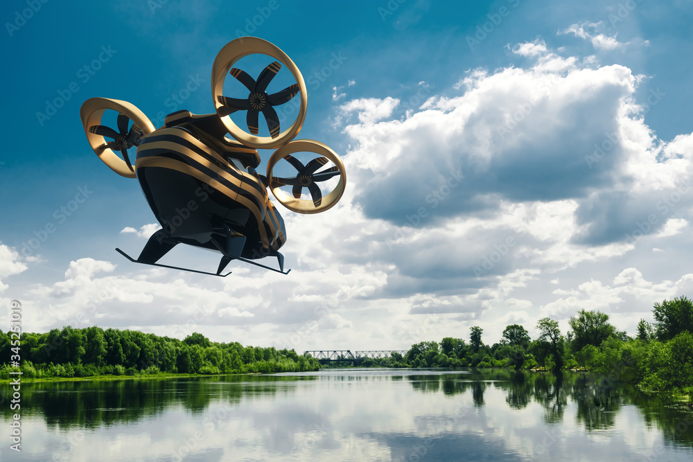 Flying car on a sky background, city electric transport drone. Car with ...