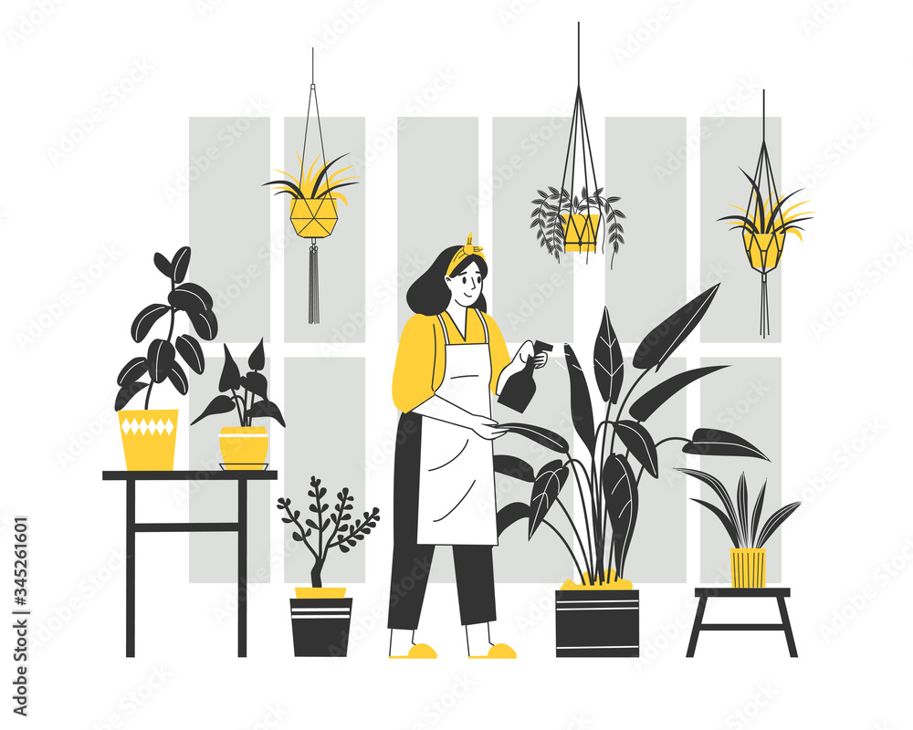 Cartoon character woman caring for plants. Flat cartoon vector ...