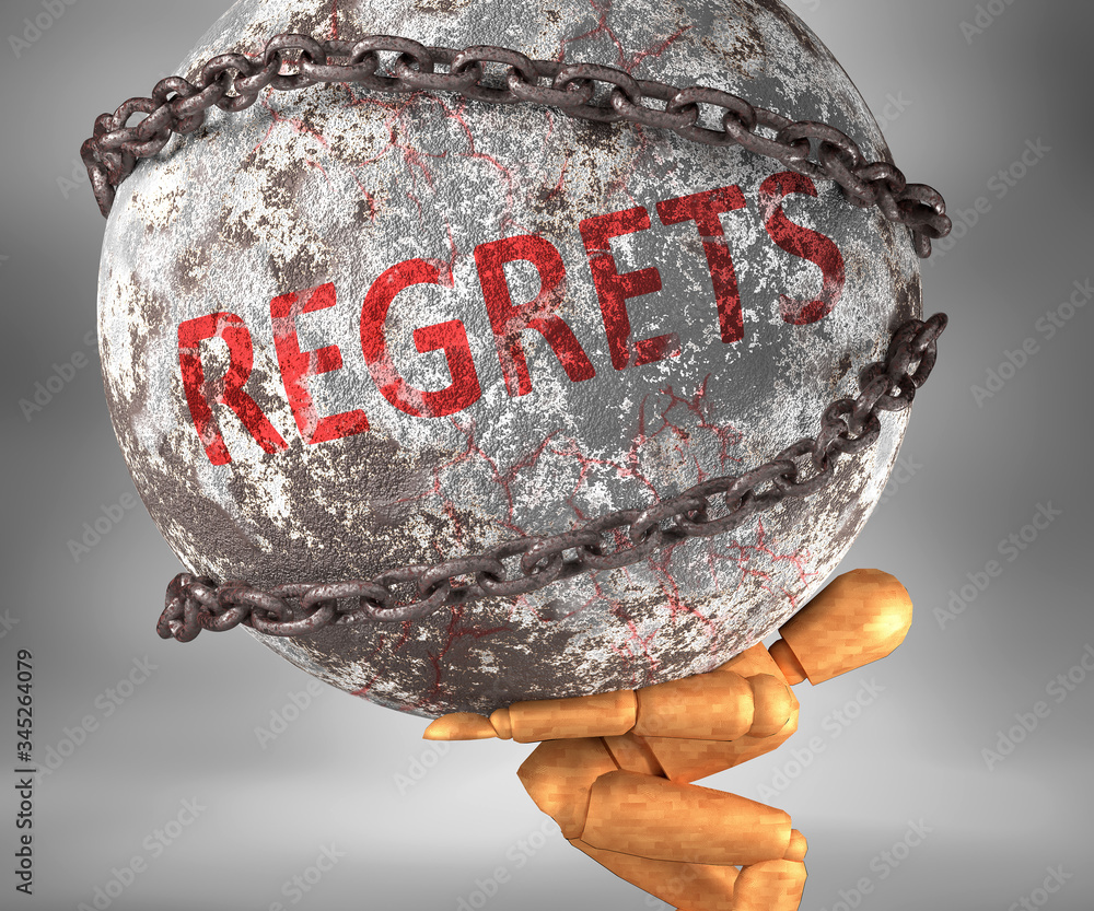 Regrets and hardship in life - pictured by word Regrets as a heavy ...