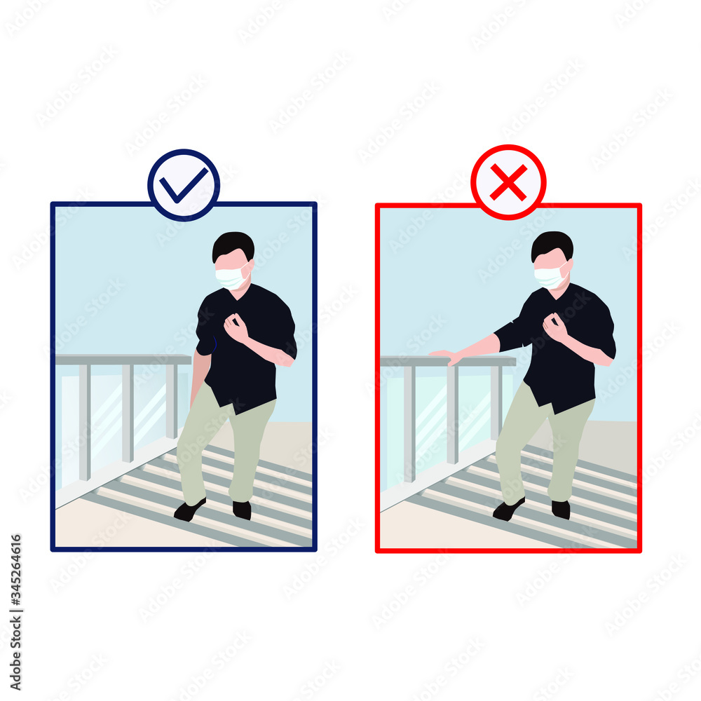 Caution pandemic sign. Do not touch the railing of the stairs while ...