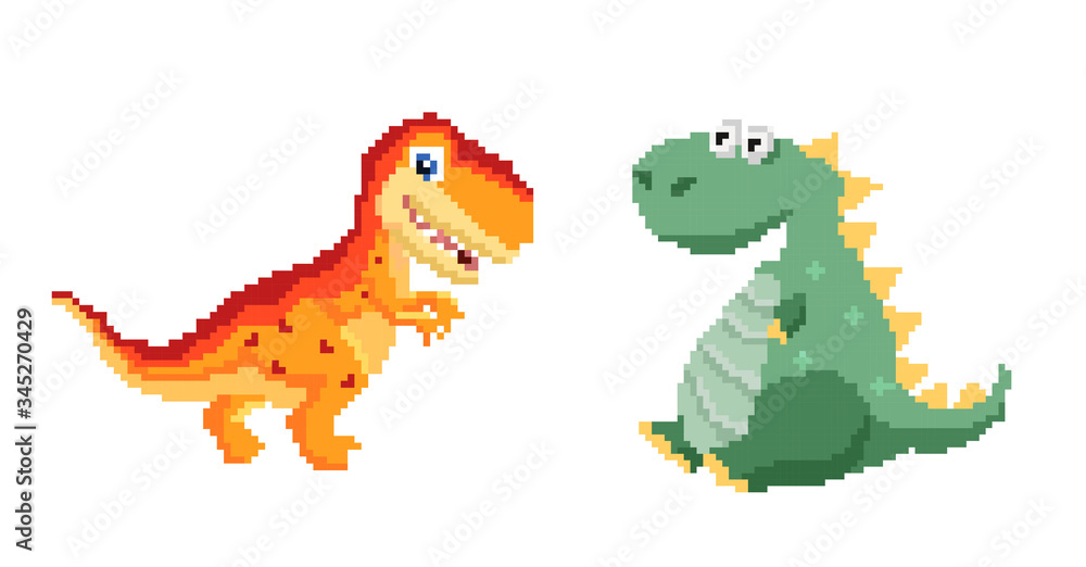 Cute pixel dinosaur isolated on white background, green animal, pixel ...