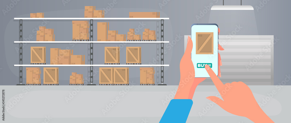 Ordering a package via phone. Online ordering goods from stock. Large ...