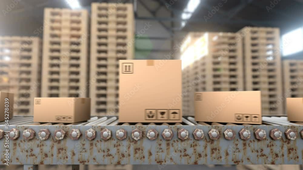 Different size cardboard boxes transporting on conveyor belt ...