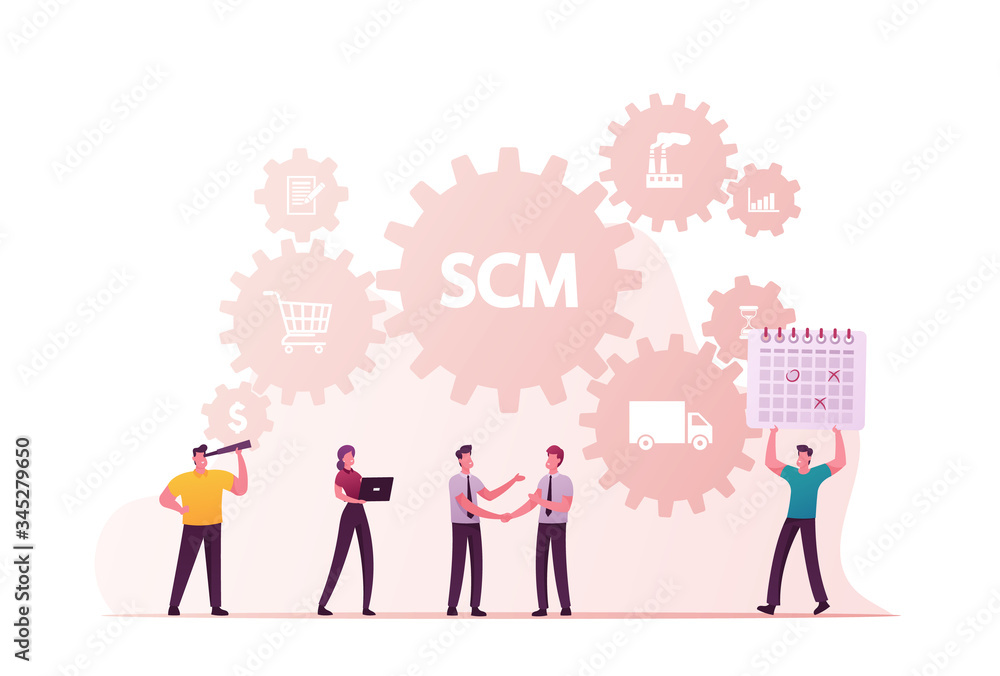 SCM, Supply Chain Management Concept. Business Characters Car Logistic ...
