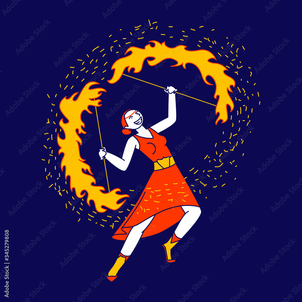 Young Woman Character Fire Show Performer Wearing Red Dress Spinning ...