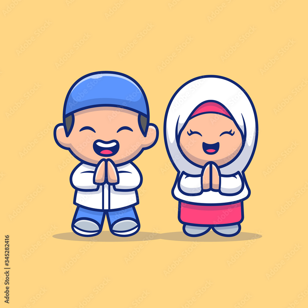 Cute Boy And Girl Moslem Vector Icon Illustration. Ramadan Mascot ...